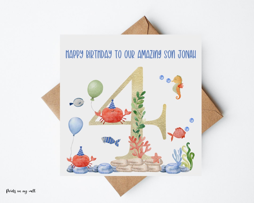 Personalised Son 4th Birthday Card, Sea Life Card, Fourth Birthday Card ...
