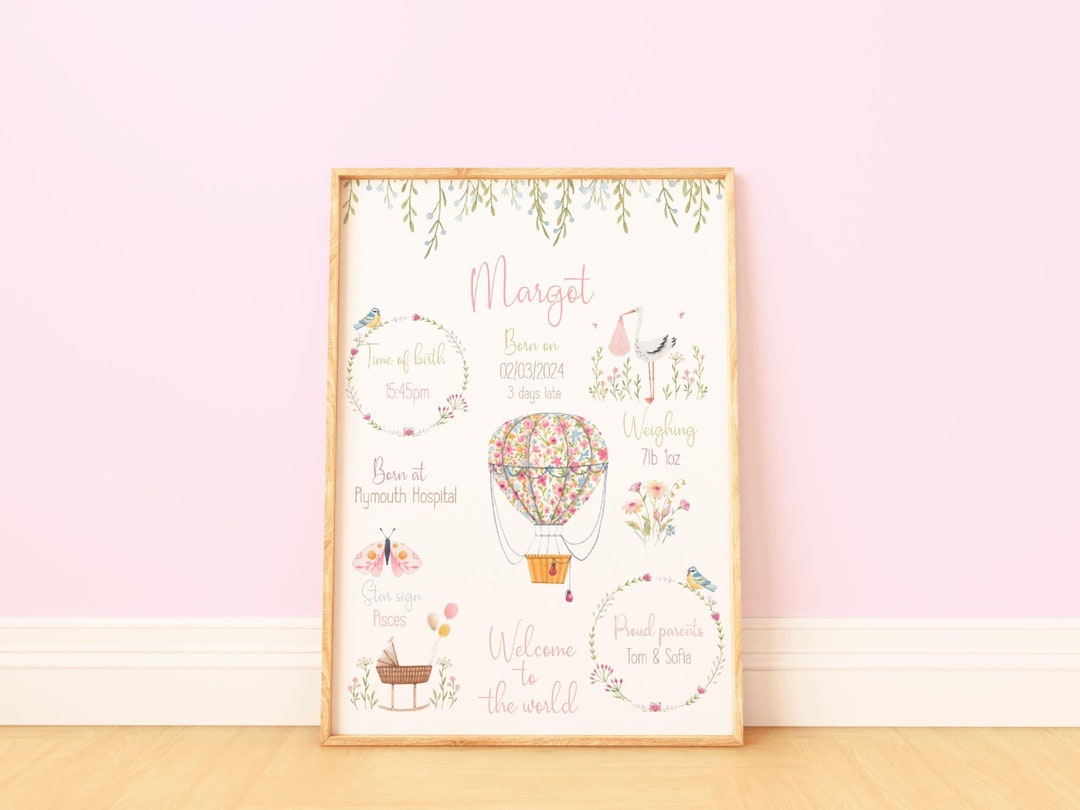 Personalized Floral Birth Print, Baby Girl Gift, Custom Wall Art - Etsy