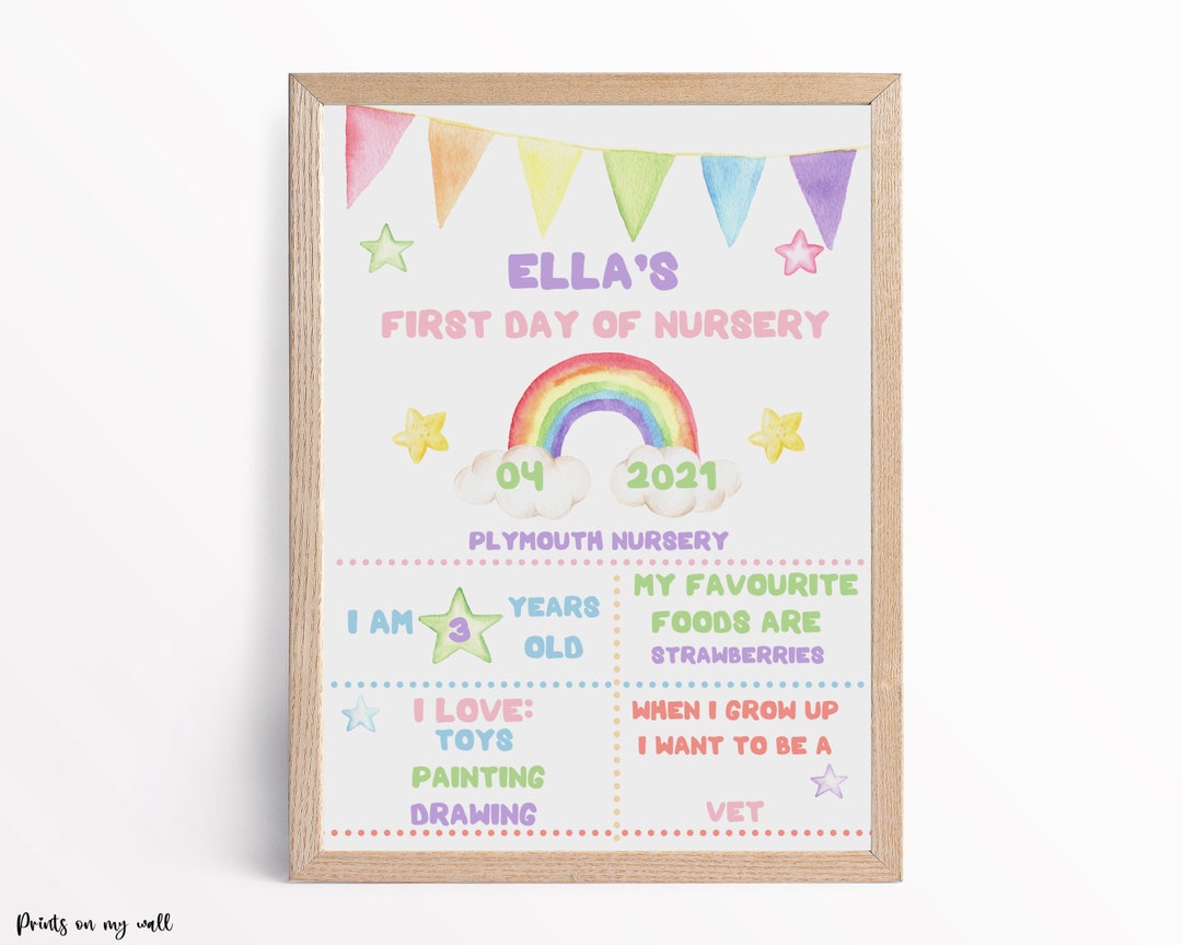 First Day Nursery Print, 1st Day at Pre-school, Rainbow Pastel, School ...