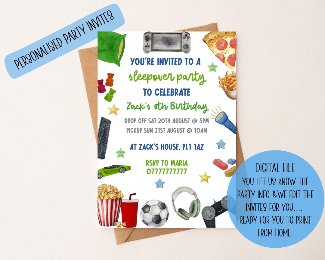 Digital File Sleepover Personalised Party Invites,boys Sleepover ...