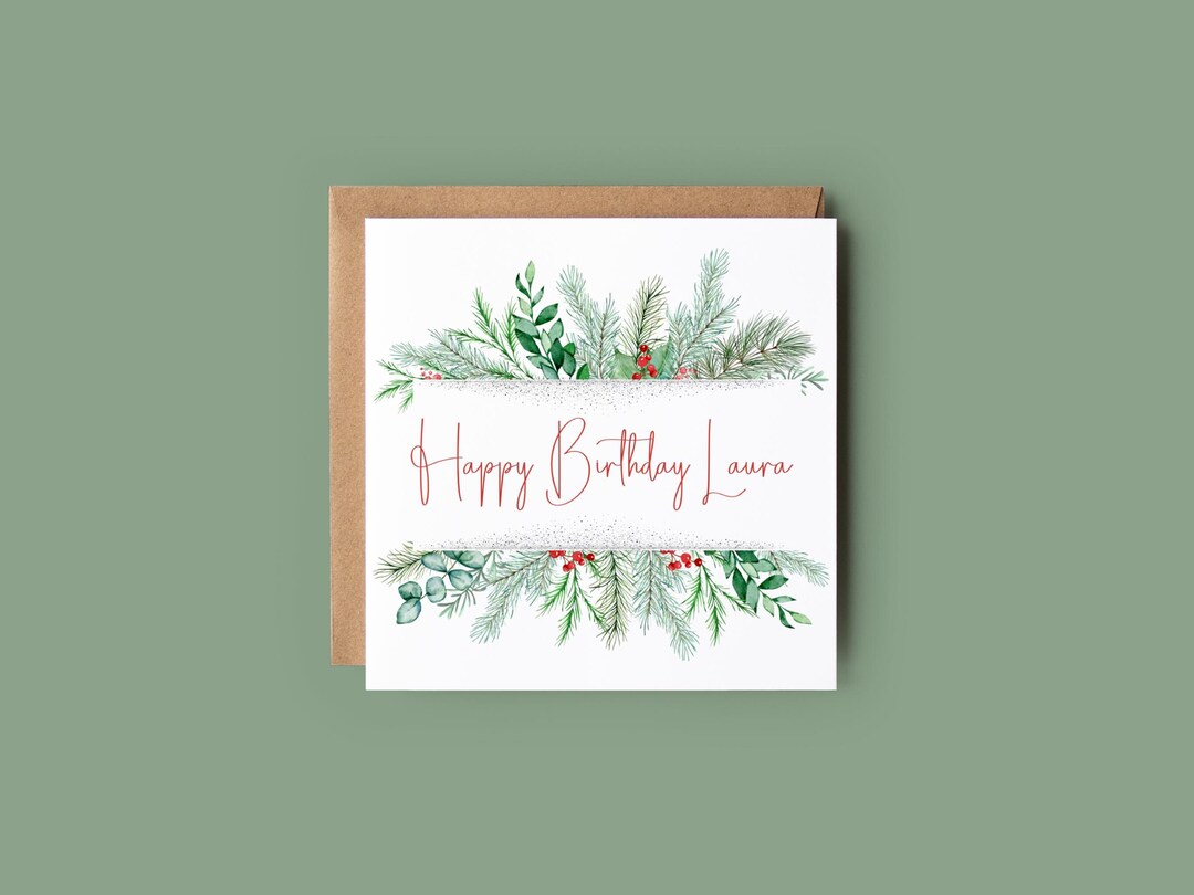 Personalized Winter Floral Birthday Card, Botanical Greenery - Etsy