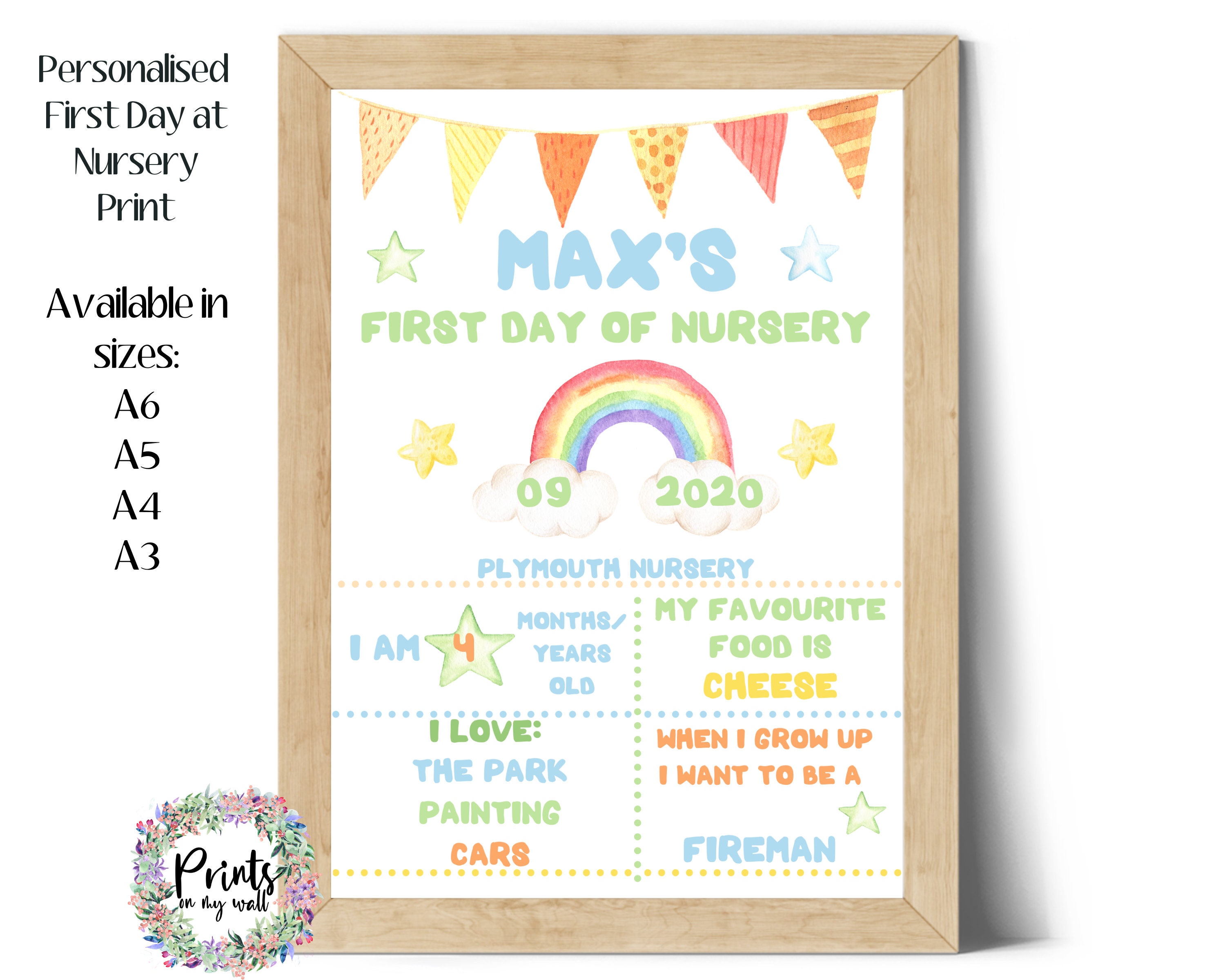 First Day Nursery Print, 1st Day at Pre-school, Rainbow Pastel, School ...