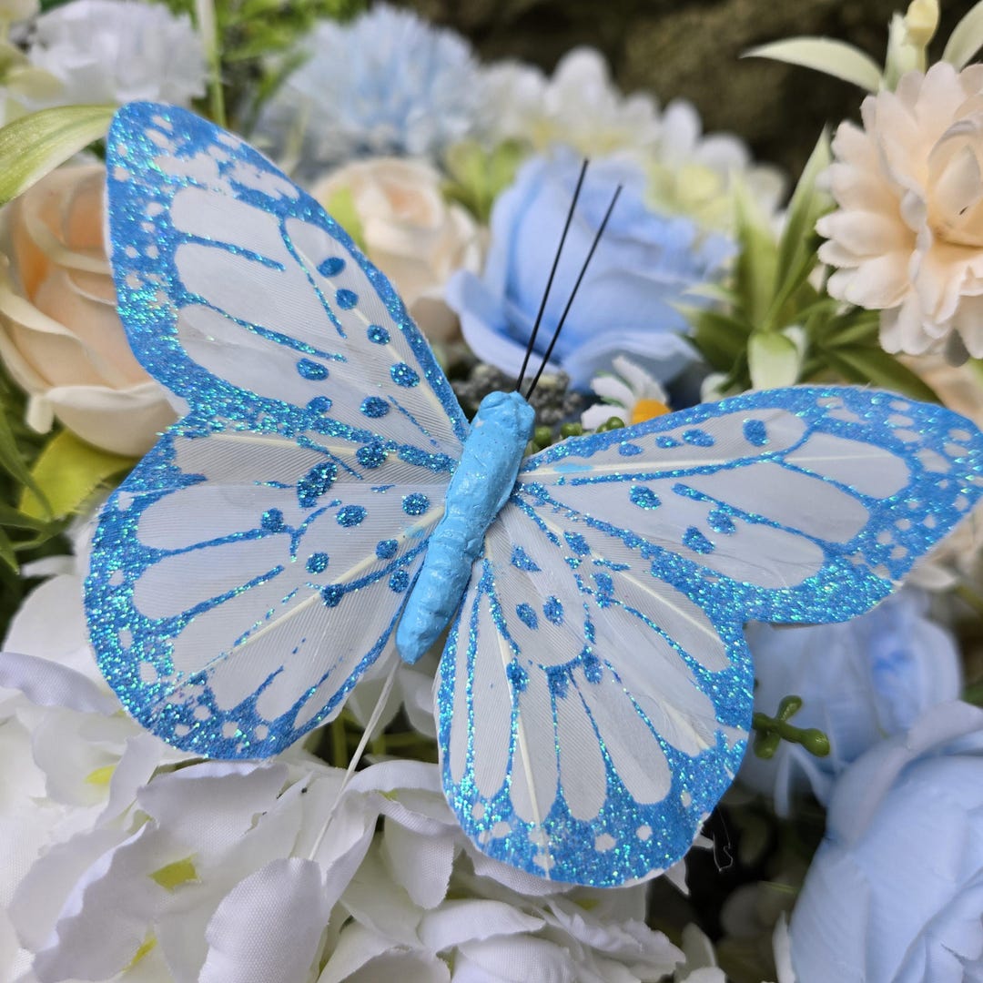 Light Blue Butterflies Made From Feathers and Glitter 4" for Wedding ...