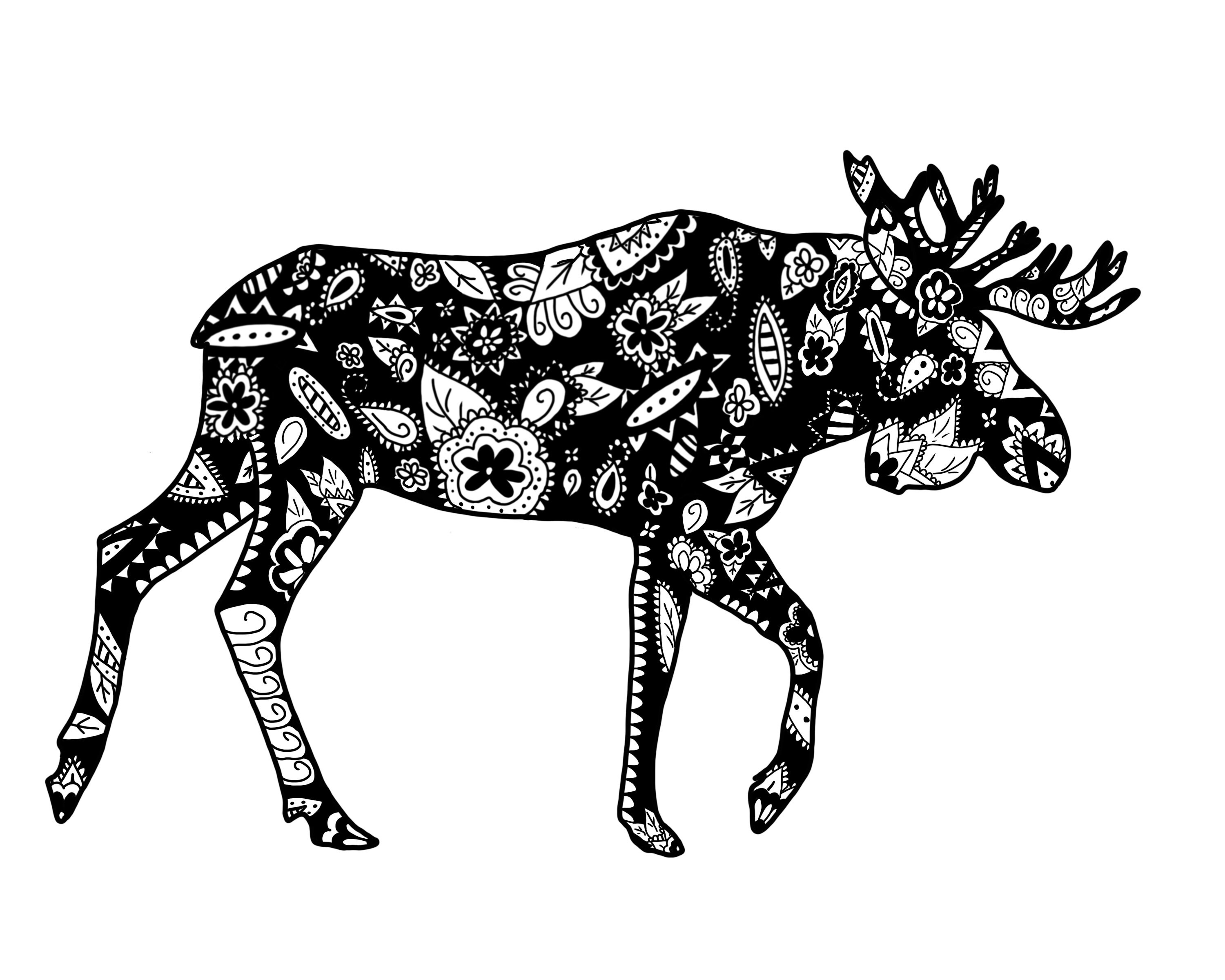 Moose Zentangle, Black and White Moose Print, Simple Moose Print ...