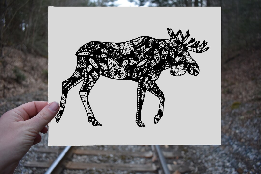Moose Zentangle, Black and White Moose Print, Simple Moose Print ...