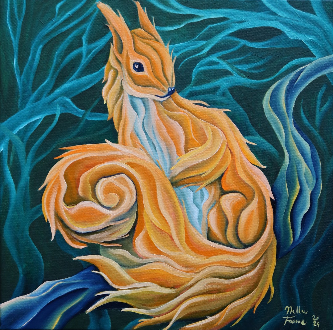 Squirrel Original Oil Painting on Canvas Blue and Vibrant Orange Forest ...