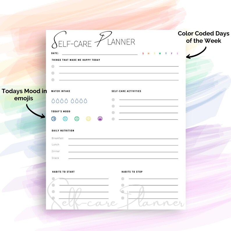 Self-care Planner Printable, Color Coded Weekly Tracker (8.5x11 PDF) - Etsy