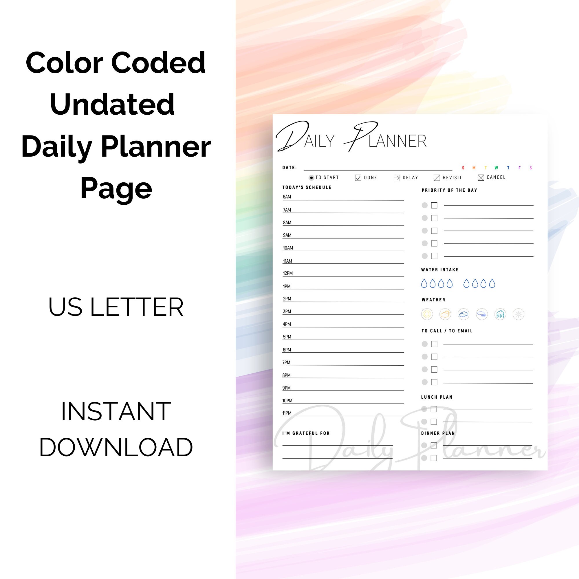 Color Coded Daily Undated Printable Planner Page - Etsy