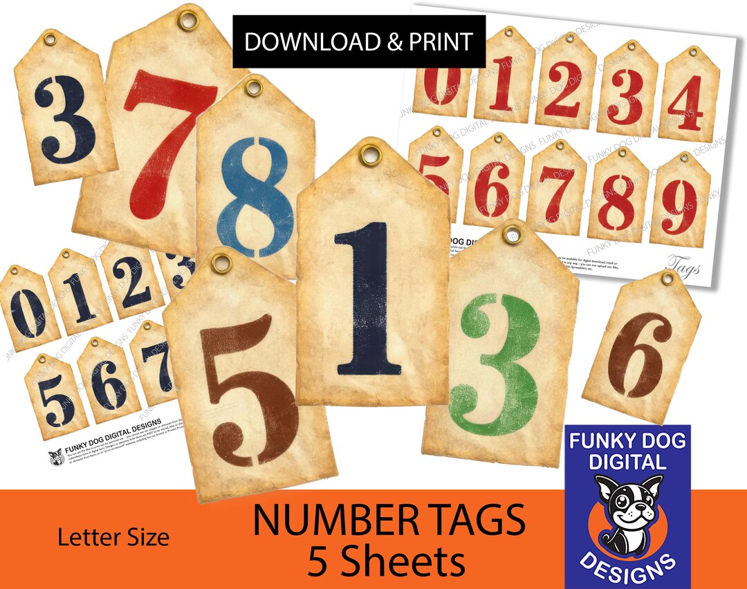 Printable Number Tags, Junk Journal Tags, Tags, Scrapbooking Sheet ...