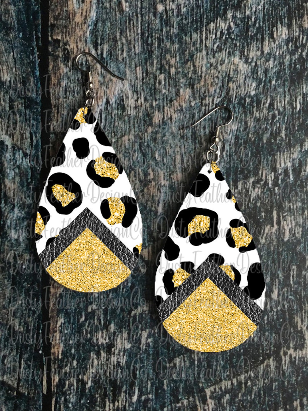 Leopard, Gold Glitter, Black Leather Teardrop Earring Digital Design ...