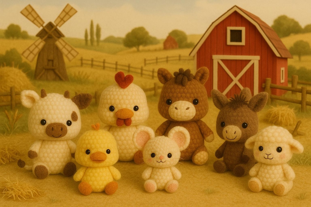 Animal Farm Plush Set Art Print: Cow, Chicken, Duck, Mouse, Donkey ...
