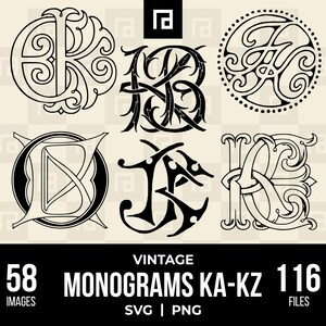 Vintage KA-KZ Monograms SVG Png Collection, Decorative Wedding Initials ...