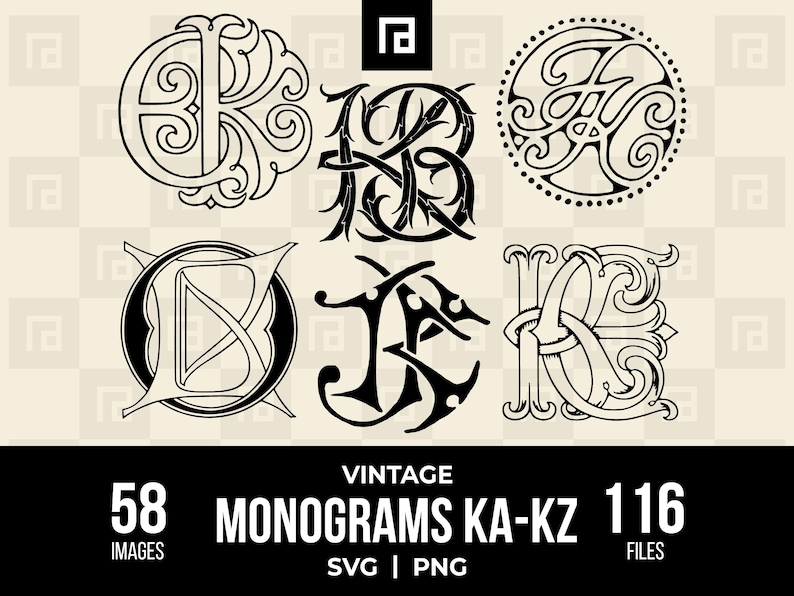 Vintage KA-KZ Monograms SVG Png Collection, Decorative Wedding Initials ...