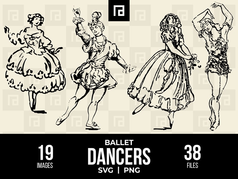 Vintage Ballet Dancer SVG PNG Bundle, Hand-drawn Male and Female Ballet ...