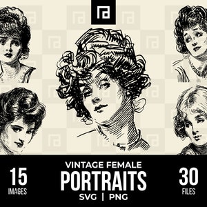 Vintage Female Portraits SVG PNG Bundle, Hand-drawn Women Faces Svg ...