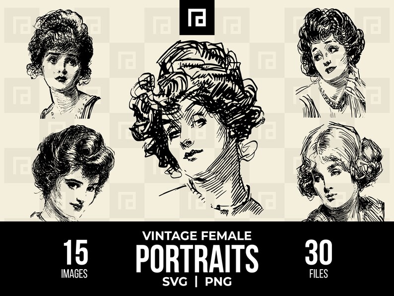 Vintage Female Portraits SVG PNG Bundle, Hand-drawn Women Faces Svg ...
