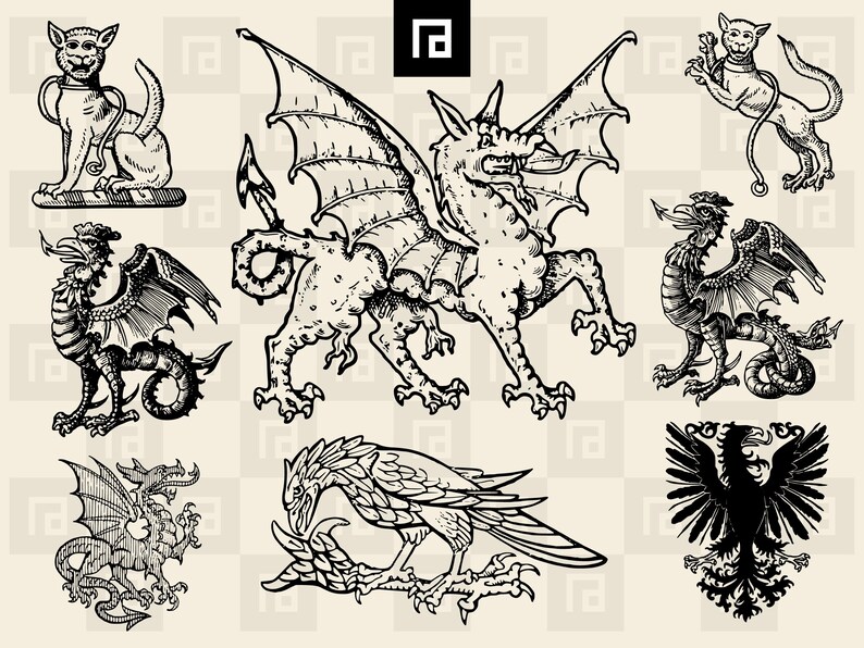 Vintage Heraldic Creatures SVG PNG Bundle, Hand Drawn Retro Fantasy ...