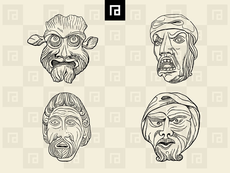 Grotesque Heads SVG PNG Bundle, Hand-drawn Medieval Gargoyles, Unique ...