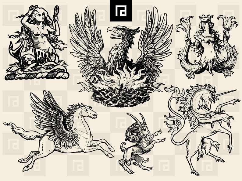 Vintage Heraldic Creatures SVG PNG Bundle, Hand Drawn Retro Fantasy ...