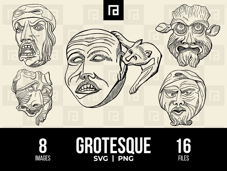 Grotesque Heads SVG PNG Bundle, Hand-drawn Medieval Gargoyles, Unique ...