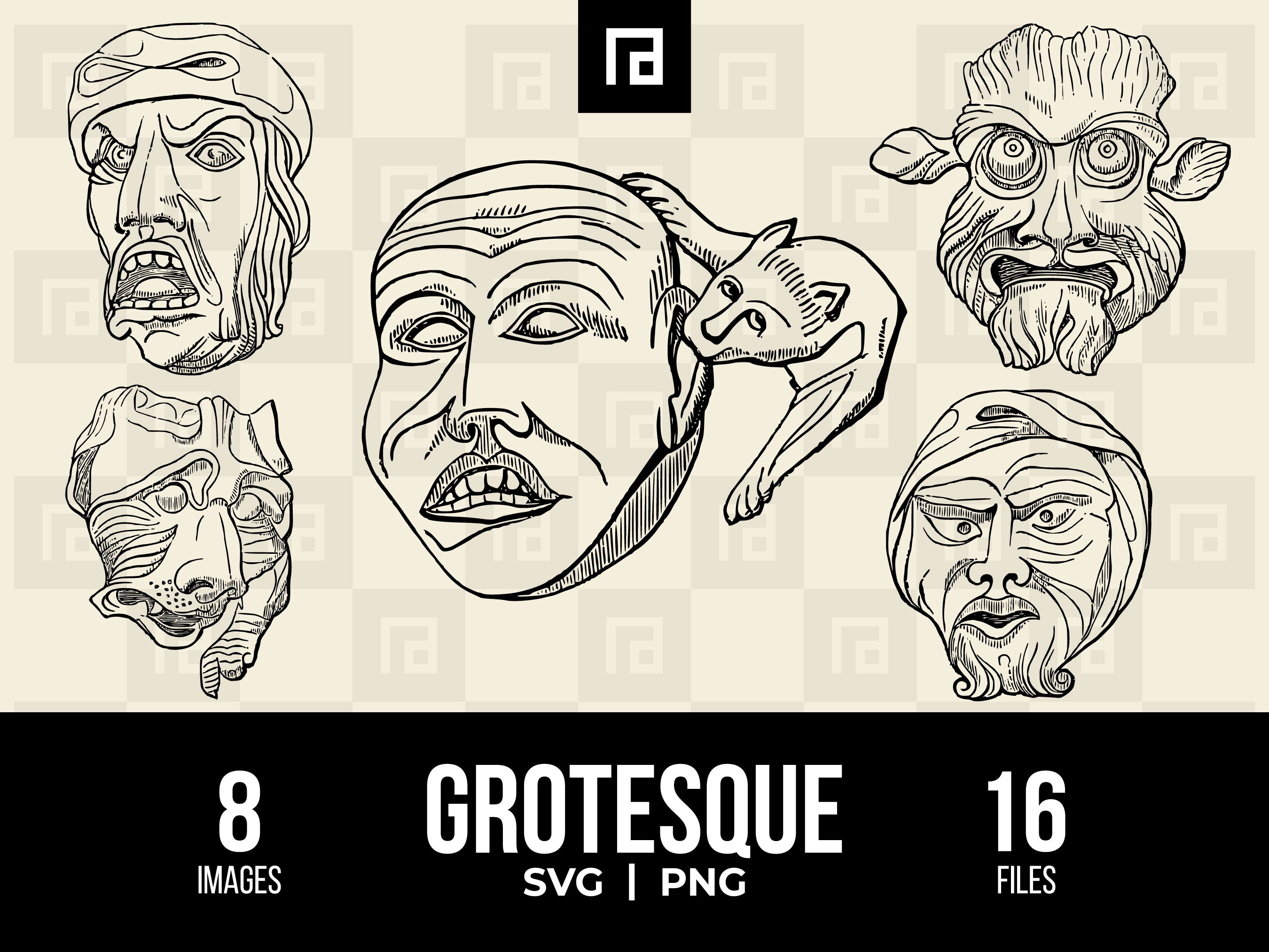Grotesque Heads SVG PNG Bundle, Hand-drawn Medieval Gargoyles, Unique ...