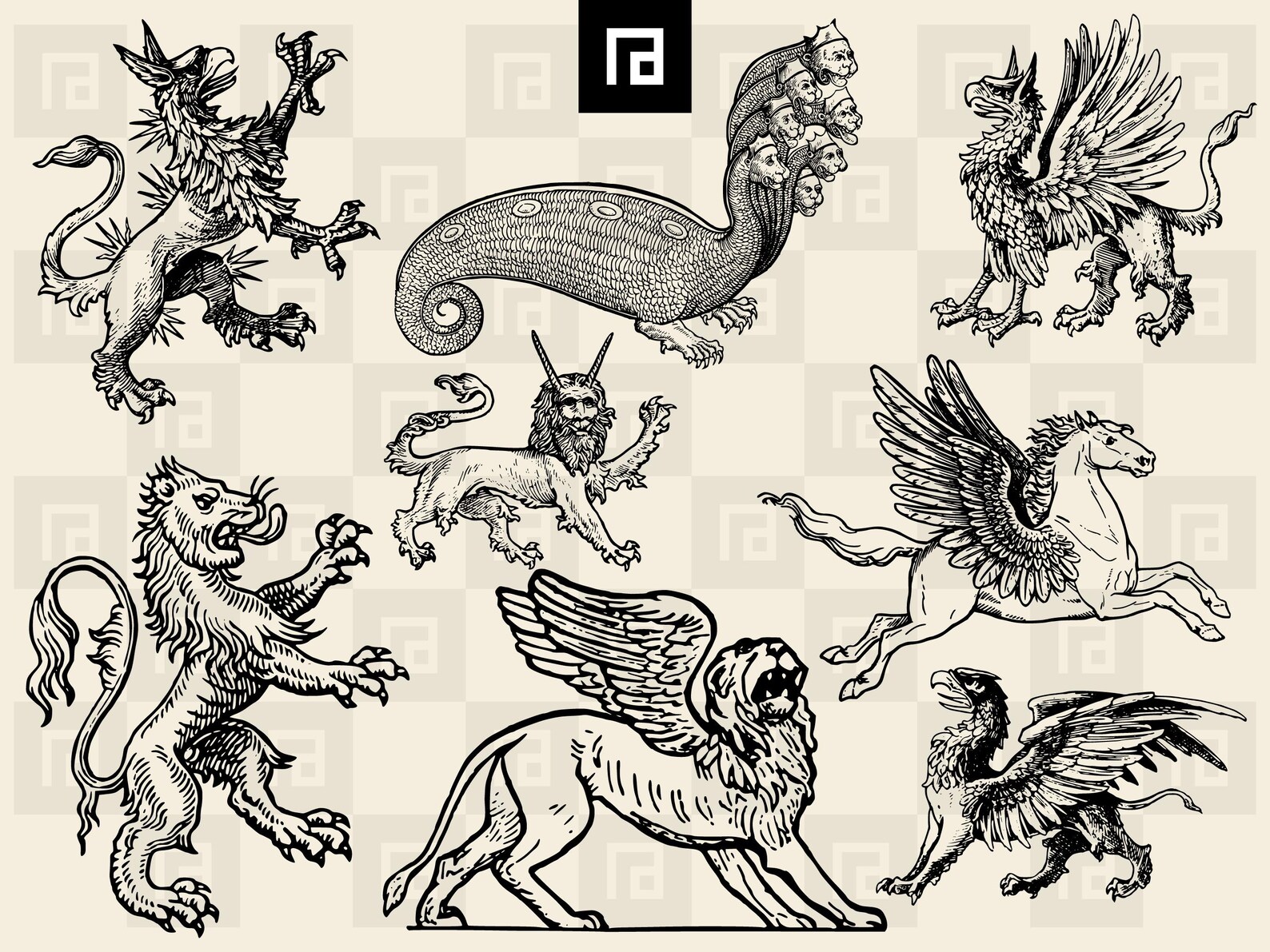 Vintage Heraldic Creatures SVG PNG Bundle, Hand Drawn Retro Fantasy ...