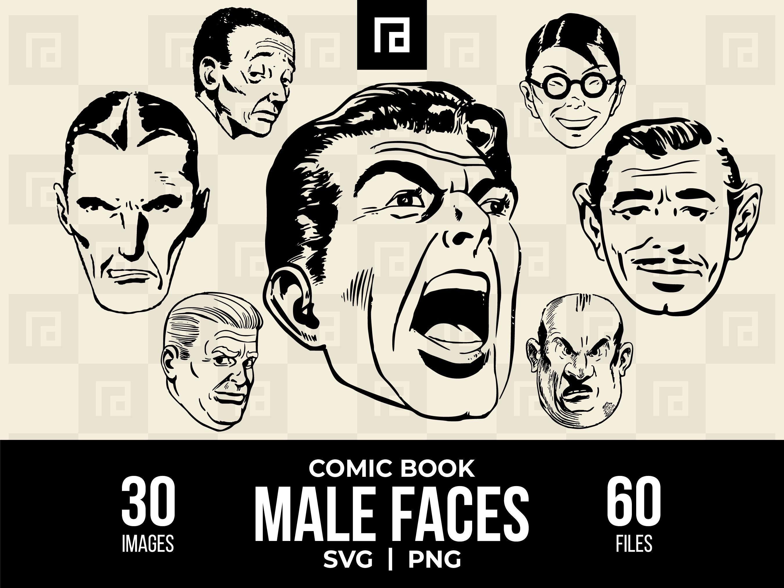 Vintage Comic Book Male Faces SVG PNG Bundle, Hand Drawn Comic Books ...