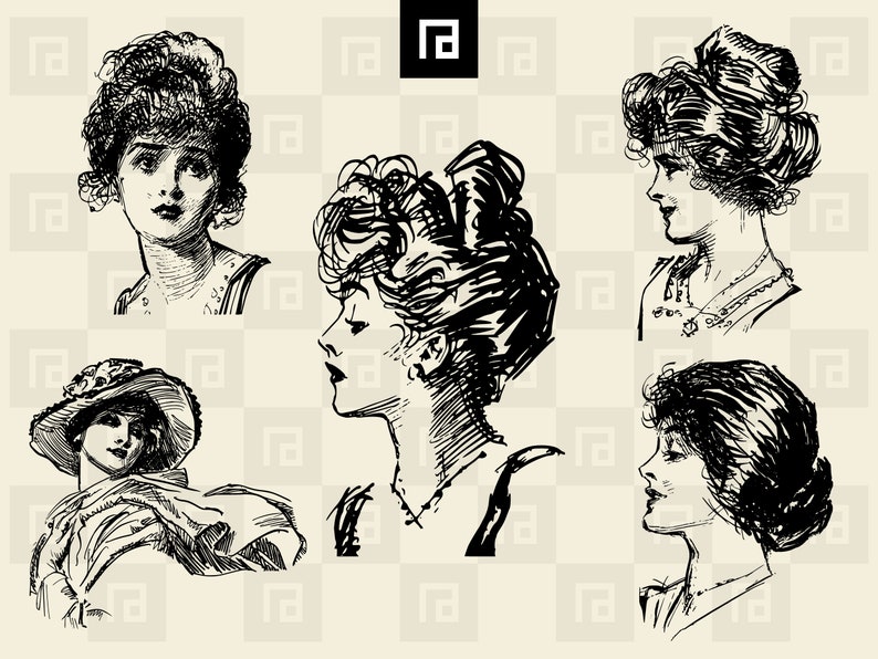 Vintage Female Portraits SVG PNG Bundle, Hand-drawn Women Faces Svg ...