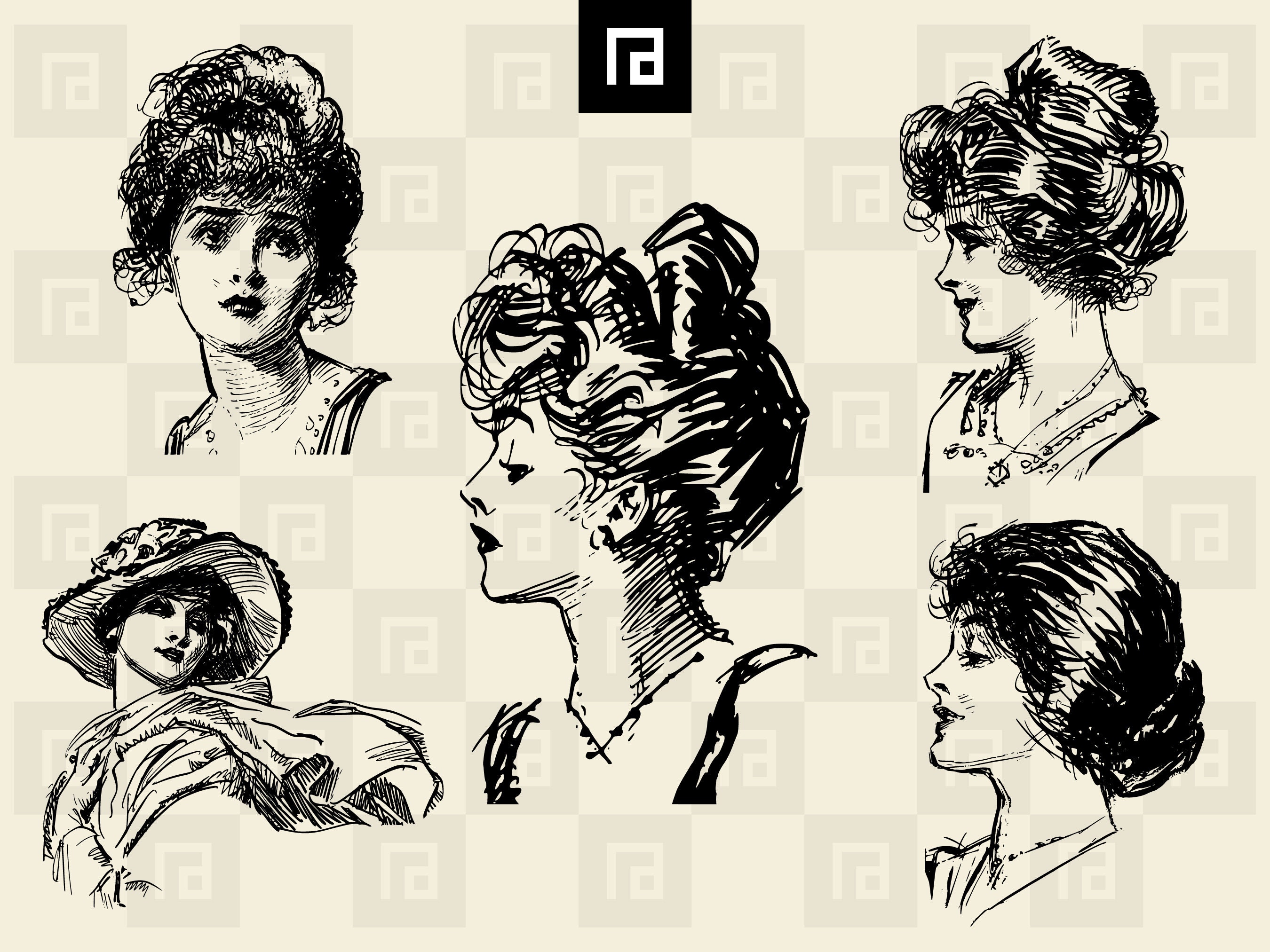 Vintage Female Portraits SVG PNG Bundle, Hand-drawn Women Faces Svg ...