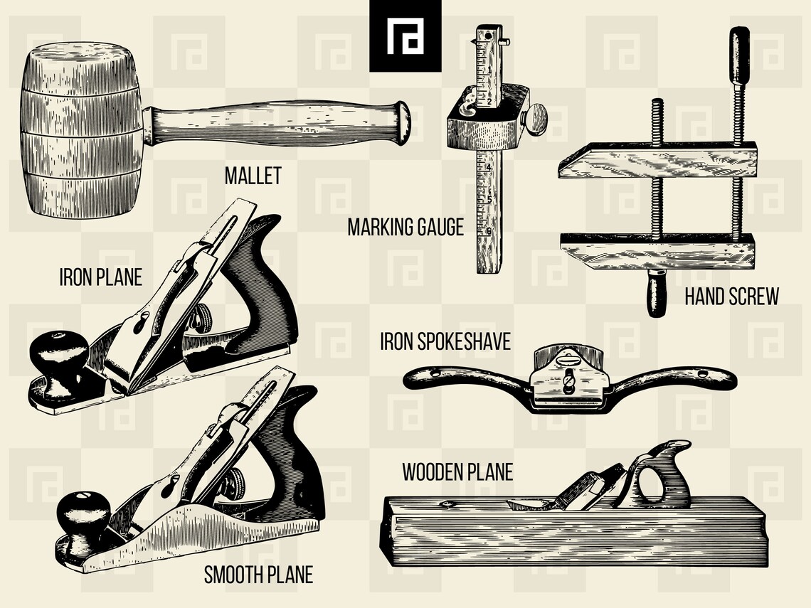 Vintage Woodworking Tools SVG PNG Bundle, Various Hand-drawn Crafters ...
