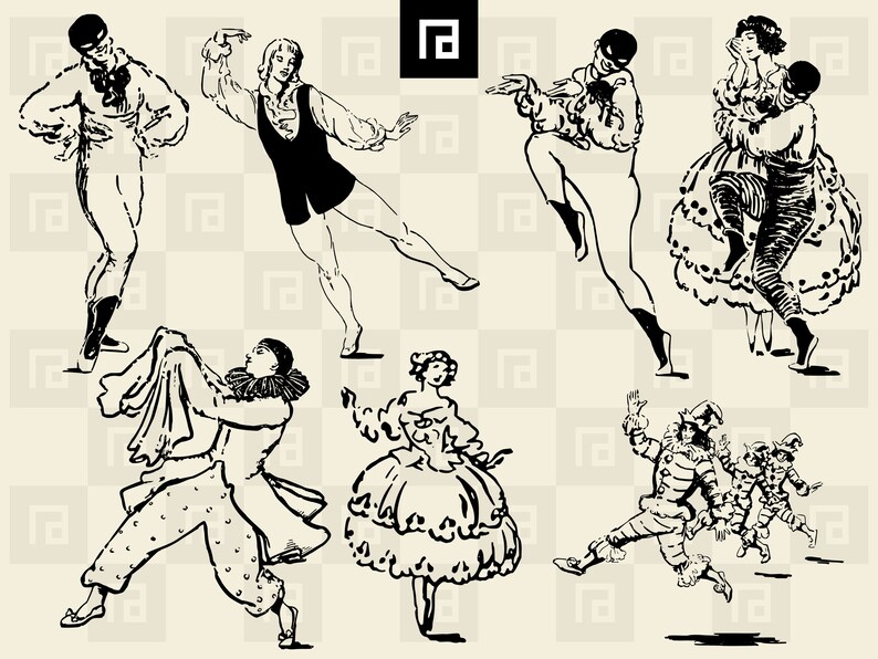 Vintage Ballet Dancer SVG PNG Bundle, Hand-drawn Male and Female Ballet ...