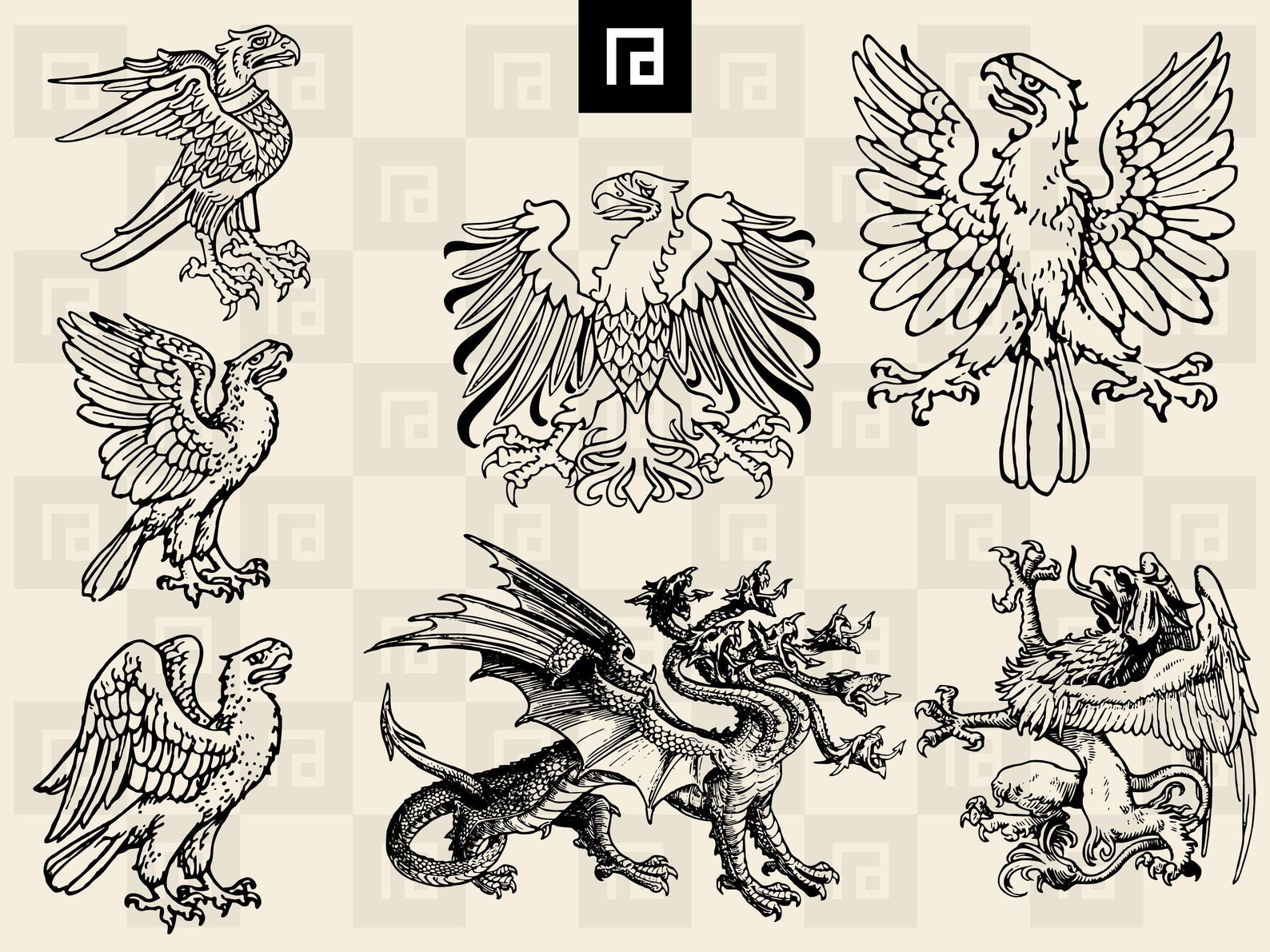 Vintage Heraldic Creatures SVG PNG Bundle, Hand Drawn Retro Fantasy ...