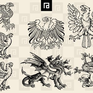Vintage Heraldic Creatures SVG PNG Bundle, Hand Drawn Retro Fantasy ...