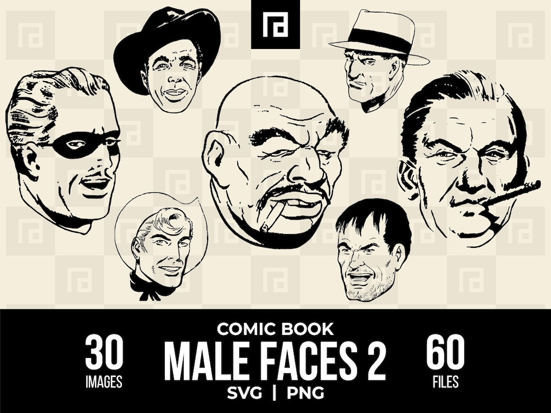 Vintage Comic Book Male Faces SVG PNG Bundle 2, Hand Drawn Comic Books ...