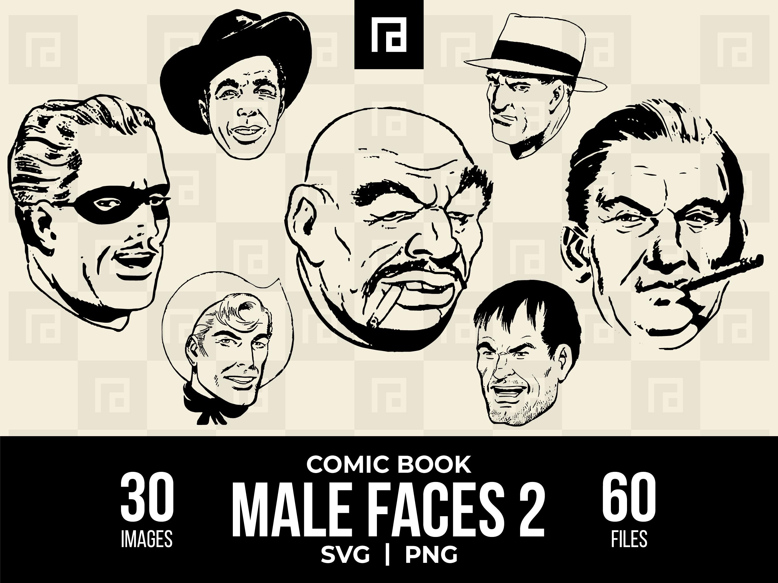 Vintage Comic Book Male Faces SVG PNG Bundle 2, Hand Drawn Comic Books ...