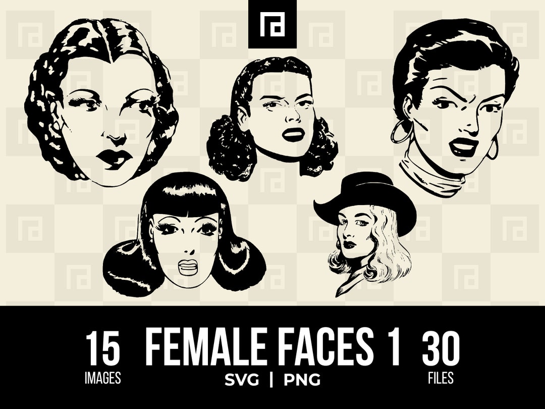 Female Faces SVG PNG Bundle, Hand-drawn Women Portraits, Facial ...