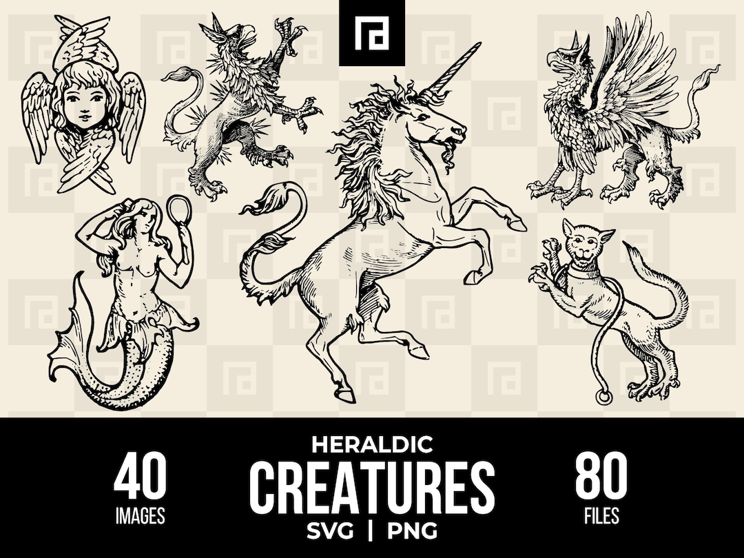 Vintage Heraldic Creatures SVG PNG Bundle, Hand Drawn Retro Fantasy ...