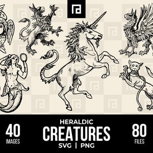 Vintage Heraldic Creatures SVG PNG Bundle, Hand Drawn Retro Fantasy ...