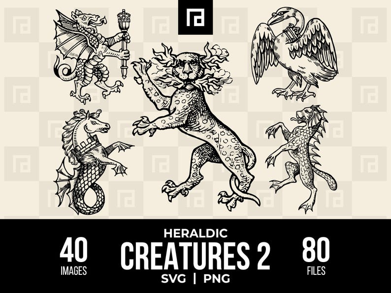 Vintage Heraldic Creatures SVG PNG Bundle 2 Antelope, Centaur, Cupid ...