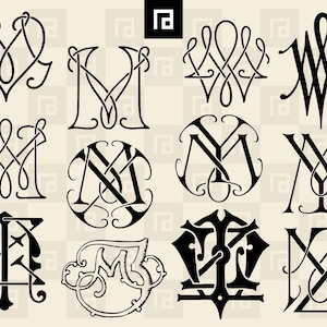 Vintage MA-MZ Monograms SVG Png Collection, Arabesque Embroidery Font ...