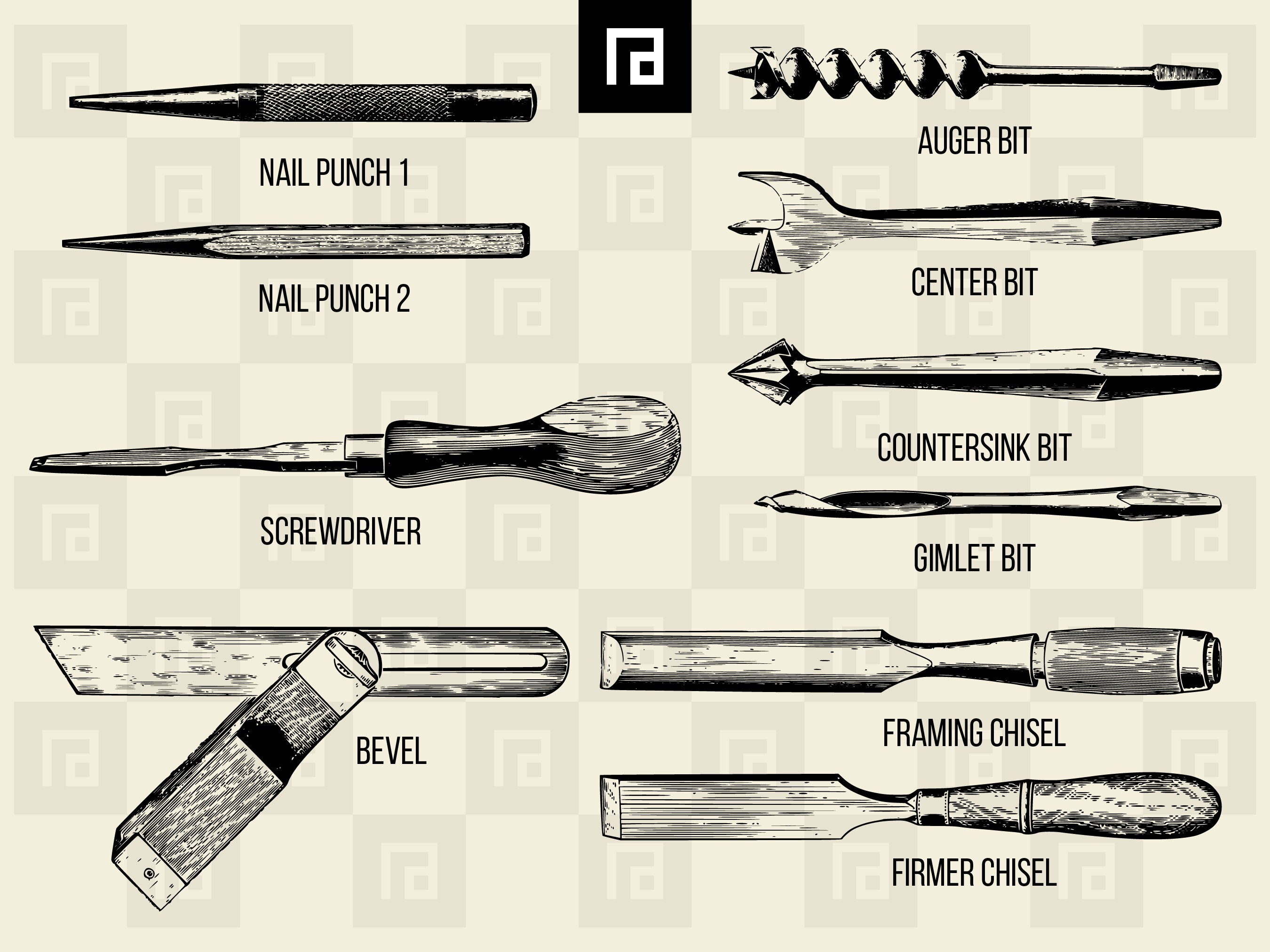 Vintage Woodworking Tools SVG PNG Bundle, Various Hand-drawn Crafters ...