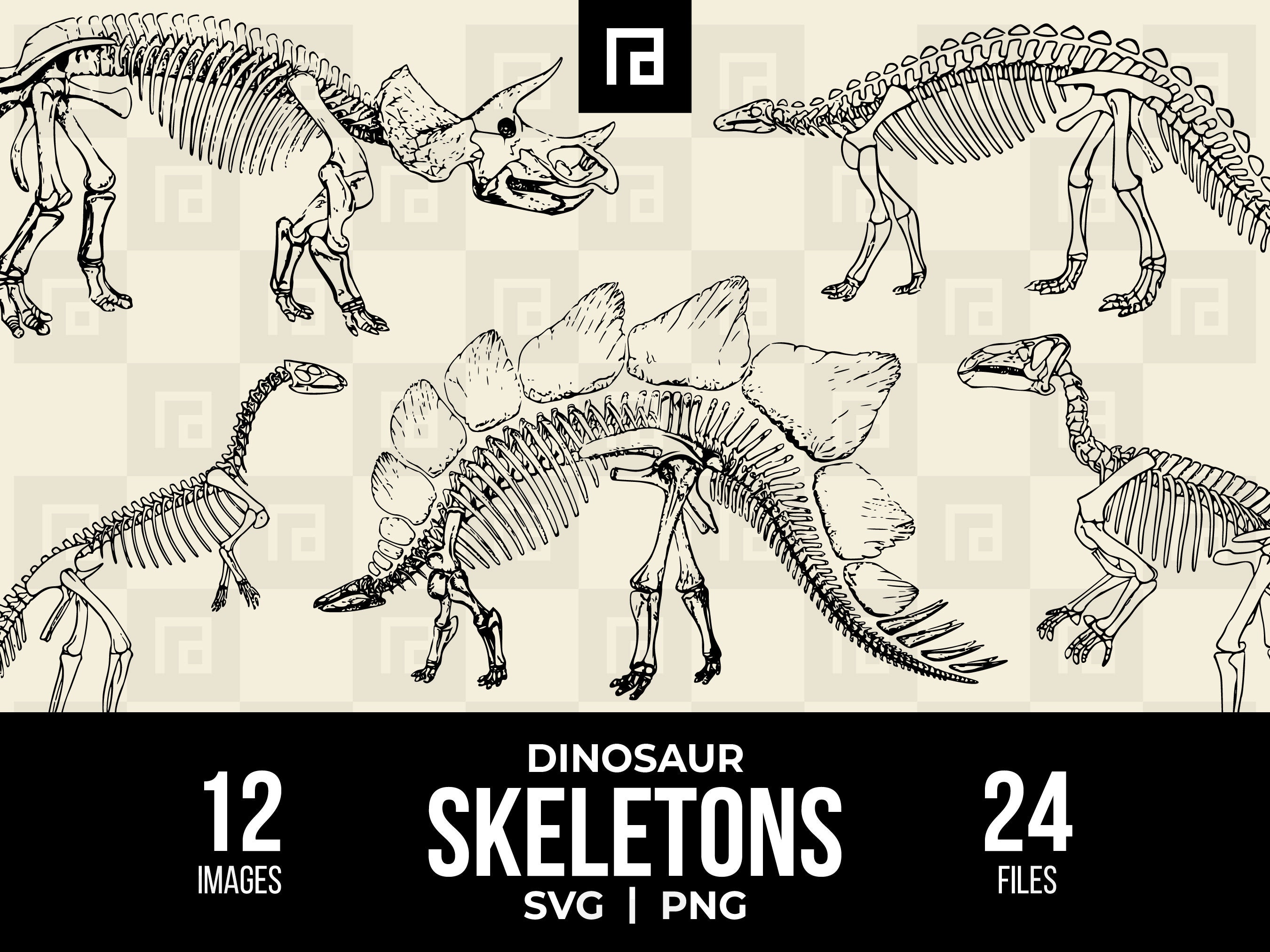 Prehistoric Dinosaur Skeletons SVG PNG Bundle, Hand-drawn Fossil ...