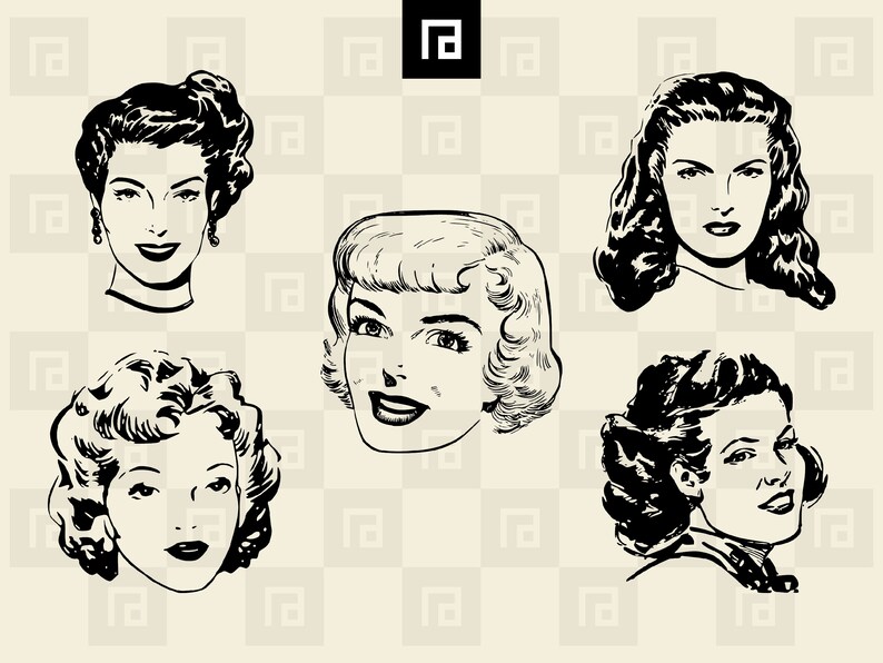 Female Faces SVG PNG Bundle, Hand-drawn Women Portraits, Facial ...
