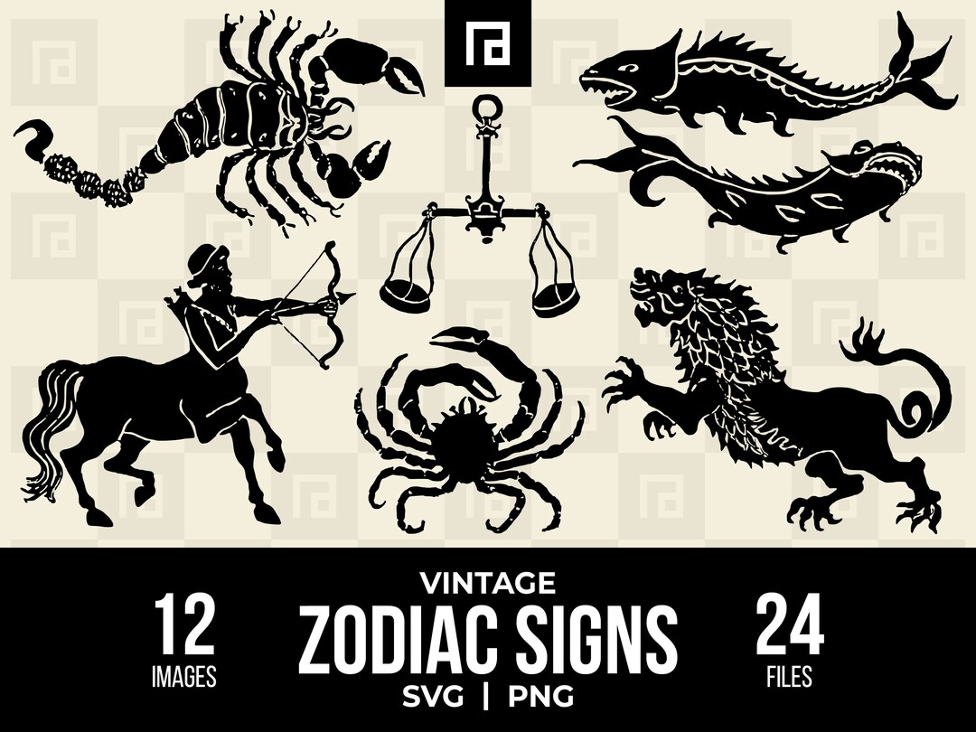 Vintage Zodiac Signs SVG PNG Bundle, Hand-drawn Celestial Artistry ...