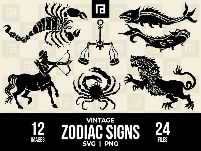 Vintage Zodiac Signs SVG PNG Bundle, Hand-drawn Celestial Artistry ...