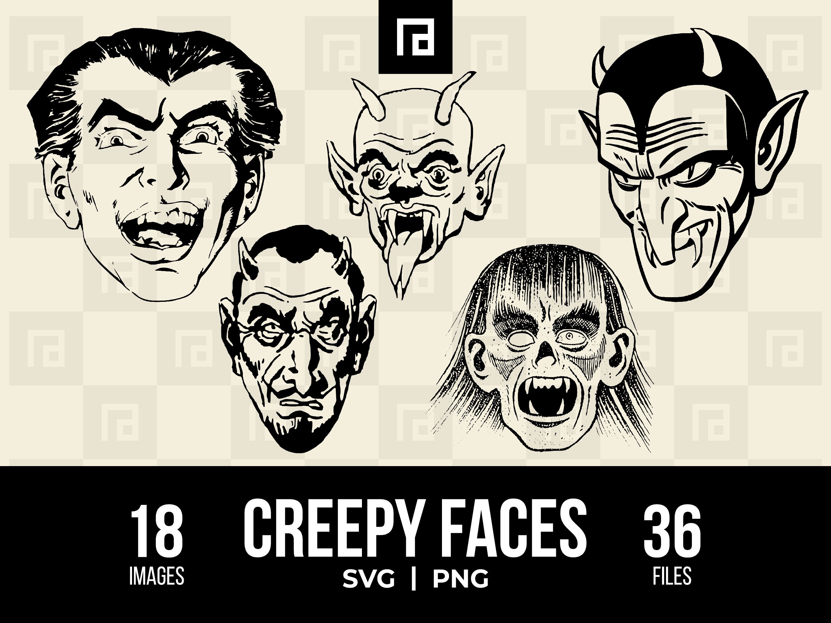 Creepy Faces SVG PNG Bundle, Hand-drawn Spooky Portraits, Authentic ...