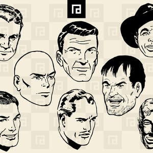 Vintage Comic Book Male Faces SVG PNG Bundle 2, Hand Drawn Comic Books ...