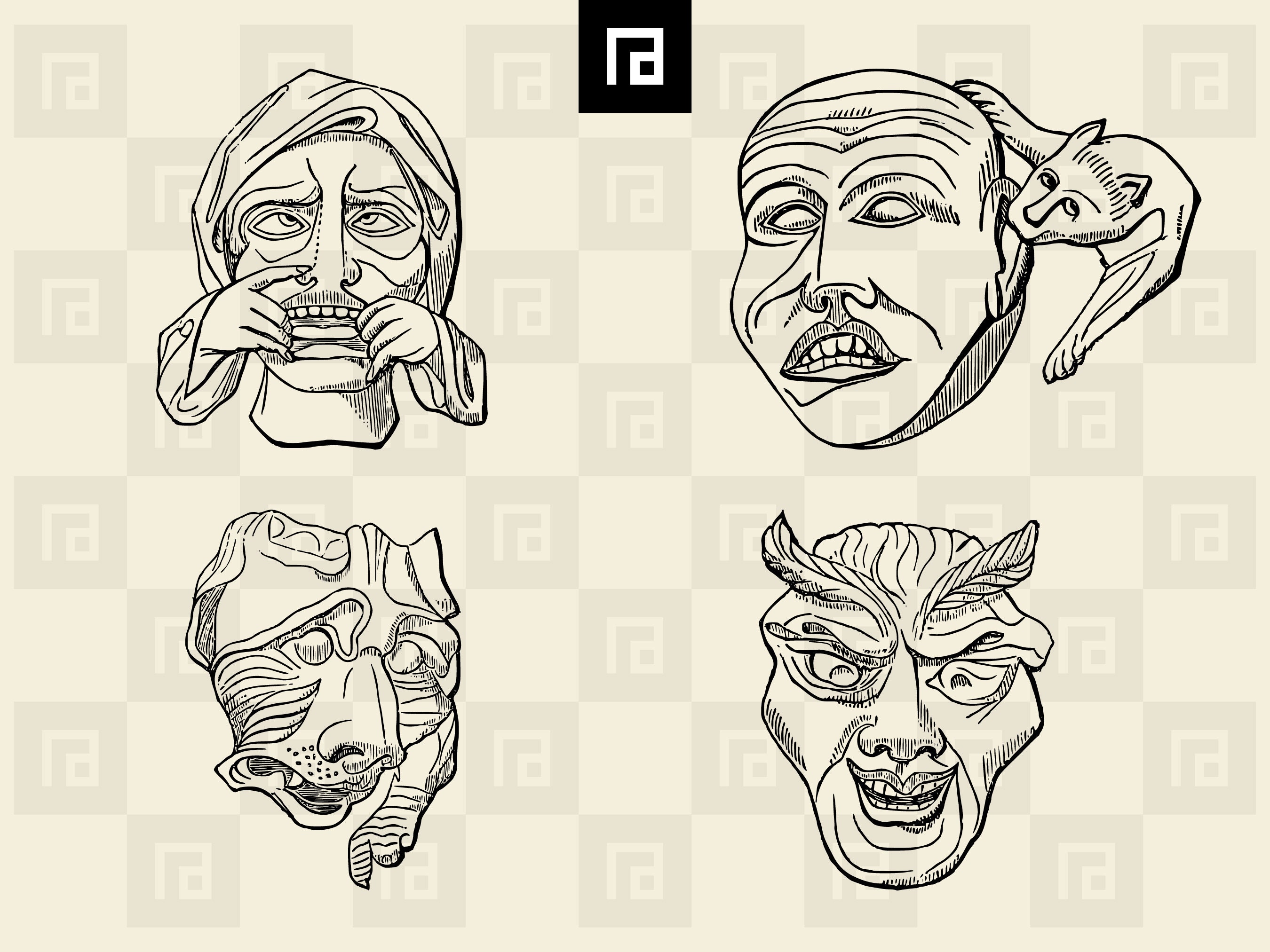 Grotesque Heads SVG PNG Bundle, Hand-drawn Medieval Gargoyles, Unique ...