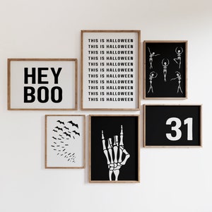 Set of Halloween Prints, Set of 6, Hey Boo Sign, Dancing Skeleton Print ...