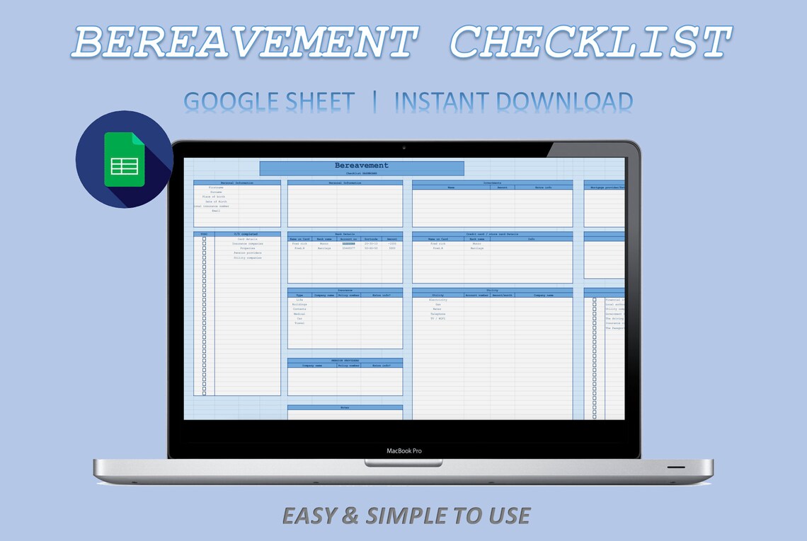 Bereavement Checklist Google Sheet | End of Life Planner | in Case of ...